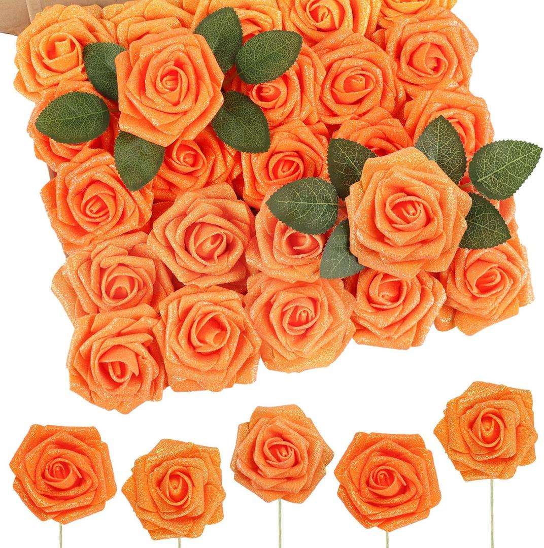 N&T NIETING Artificial Roses Flowers, Fake Glitter Flowers Burnt Orange Roses Perfect for DIY ...