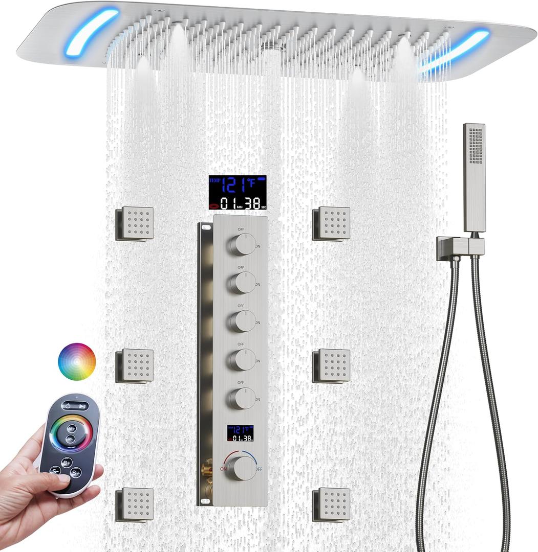 AYIVG Brushed Nickel Thermostatic Rainfall Shower System 16 x 26 Inch ...