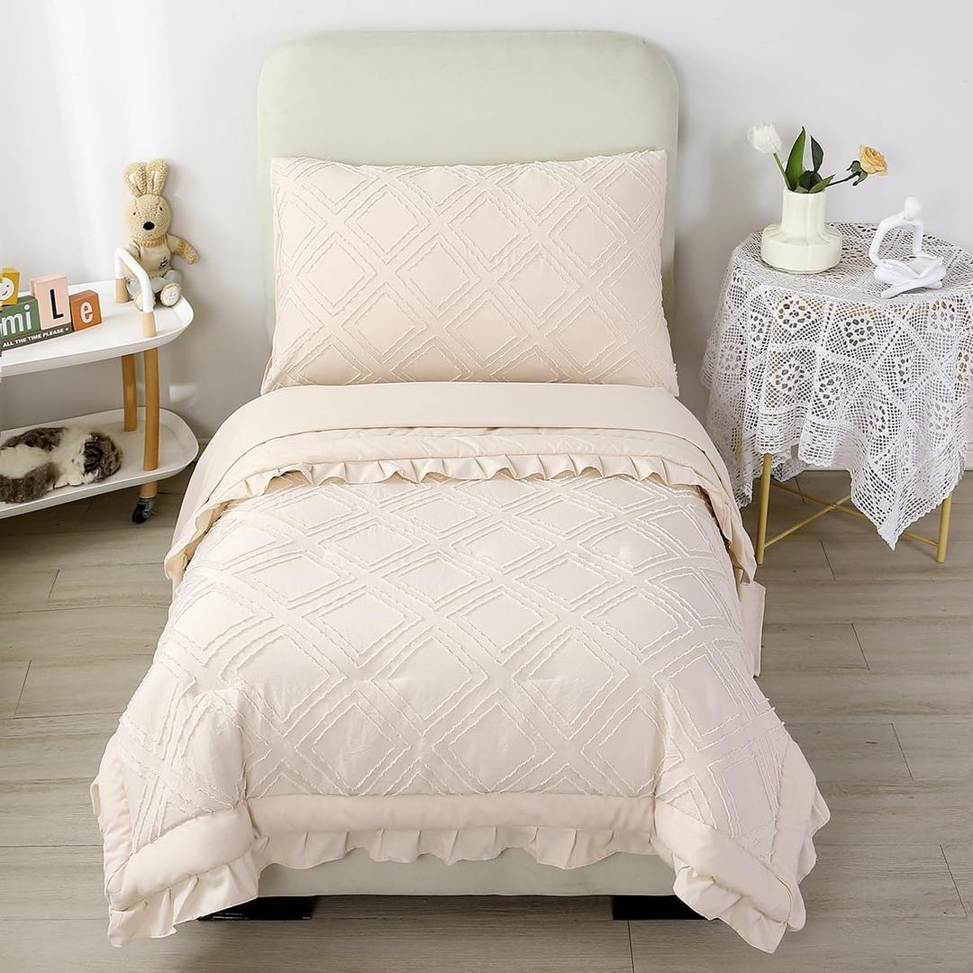 3-Piece Toddler Bedding Set Beige, Ultra Soft Tufted Ruffle Cream ...