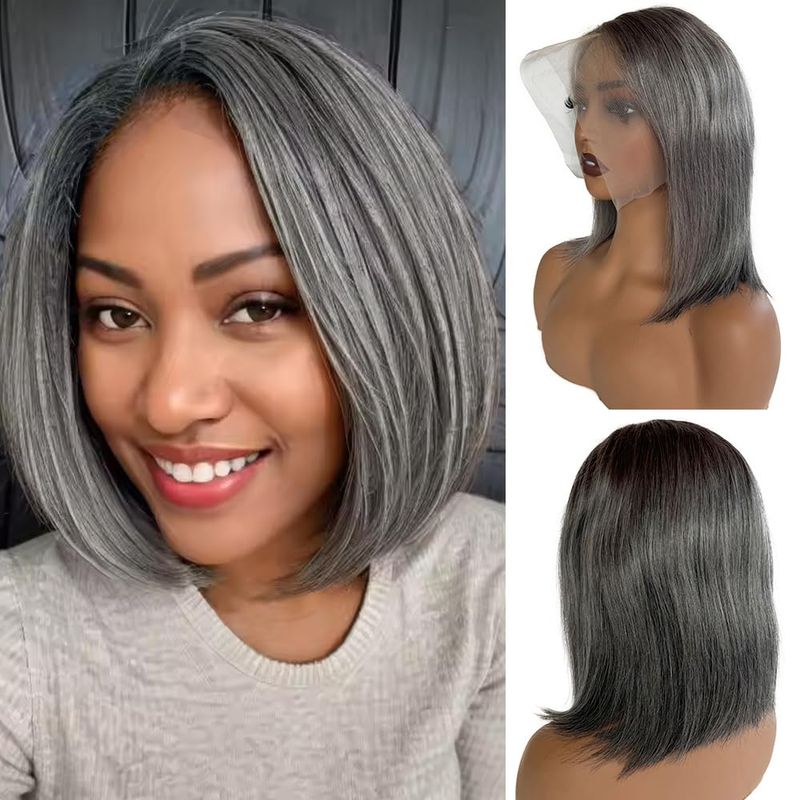 Smartinnov Salt and Pepper Bob Wig Human Hair 8 Inch Short Straight ...
