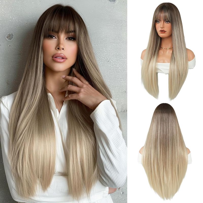 PARK YUN 28 Inch Long Straight Wig with Bangs for Women Ash Brown to ...