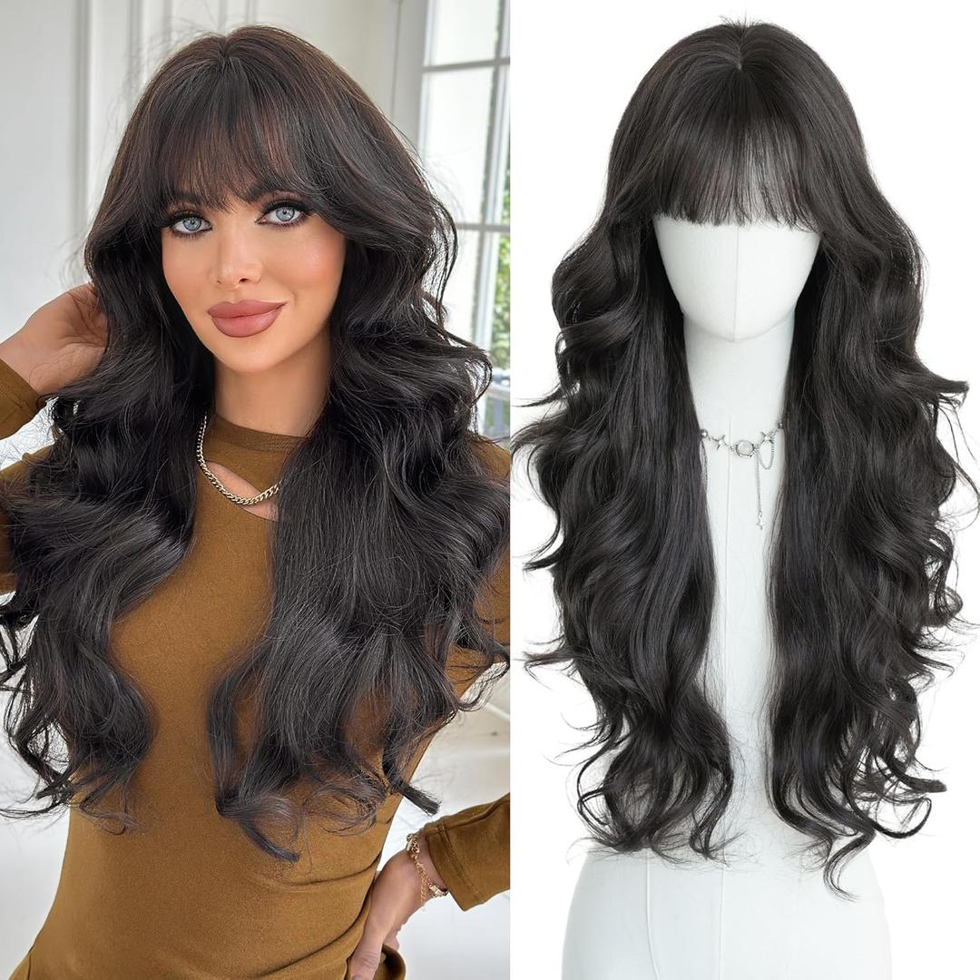 PARK YUN Black Hair Long Wavy Wig With Bangs 30 Inches Sthetic Thick ...