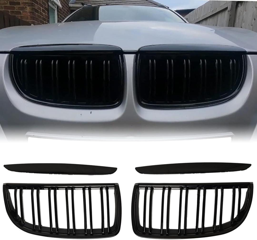 E90 Grille - Double Slats Glossy Black Kidney Grille for 2005-2008 BMW ...