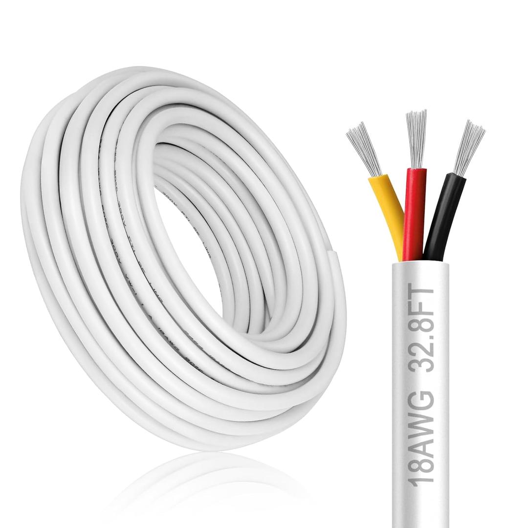 18 Gauge 3 Conductor Electrical Wire, 32.8FT White Stranded Low Voltage ...
