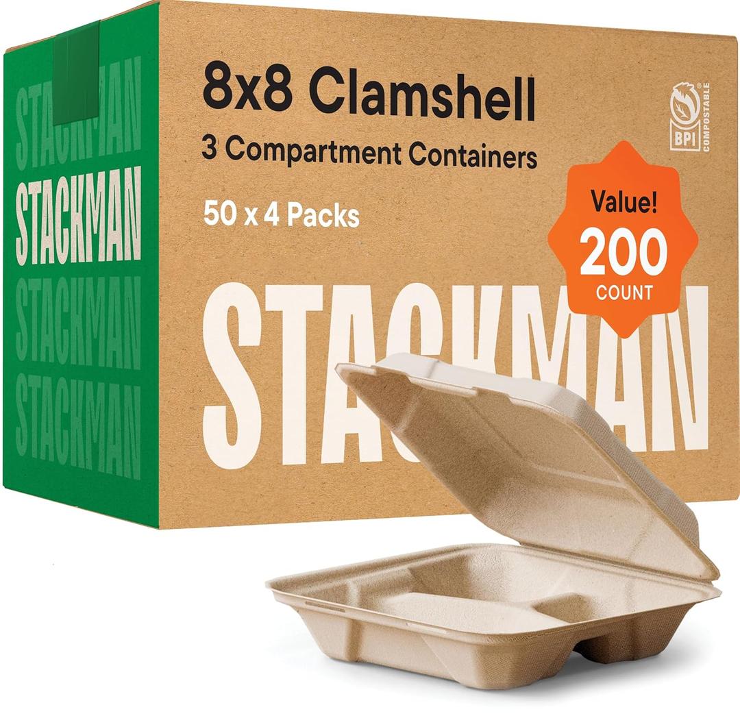 [Bulk - 200-Count] 100% Compostable to Go Containers 8x8" 3-Compartment ...