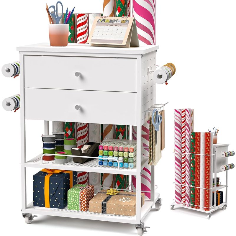 Wrapping Paper Storage Cart, Rolling Gift Wrap Station with Ribbon and ...