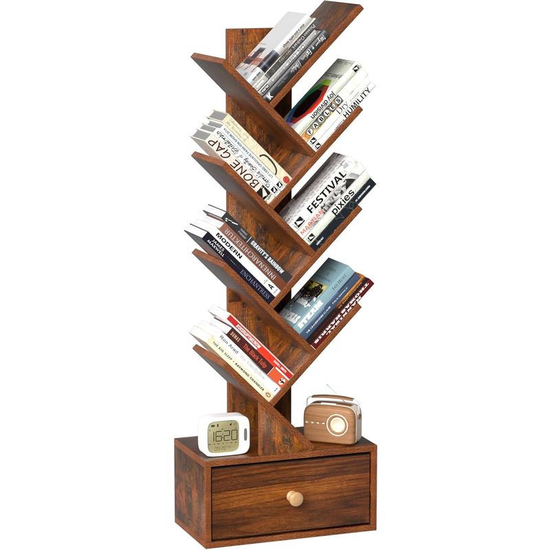 8 Tier Tree Bookshelf with Drawer, Free Standing Wood Bookcase for ...
