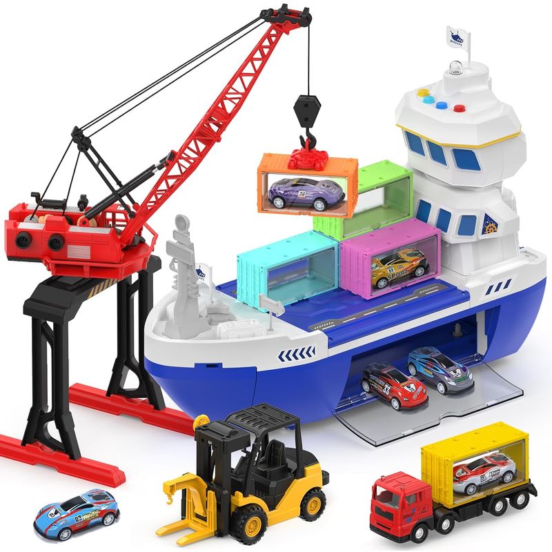 CUTE STONE 2-in-1 Toy Boat & Tower Crane Playset, Cargo Ship with ...