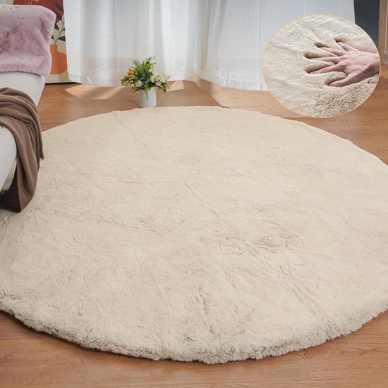 Round Rugs 8ft Shag Washable Fluffy Area Rugs for Bedroom Light Brown ...