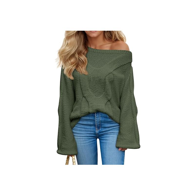 Saodimallsu Womens Off One Shoulder Sweaters Boat Neck Cable Knit Long ...
