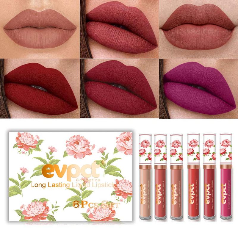 evpct 6Pcs Peony Flower Liquid Matte Lipstick Set,Dark Red Purple ...